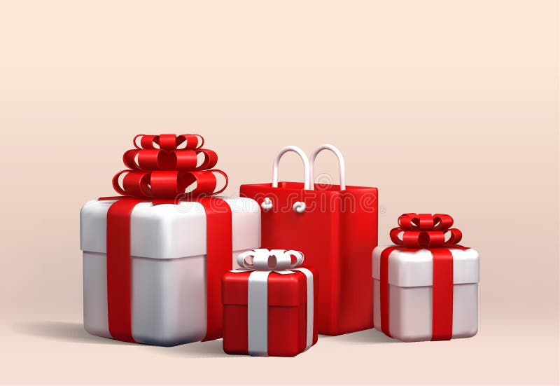 Gifts with Present Bag Vector 3d Illustration. White and Red Gift Box ...