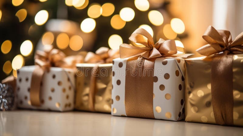 Gifts Wrapped in Gold Foil with Bows on a Table in Front of a Christmas ...