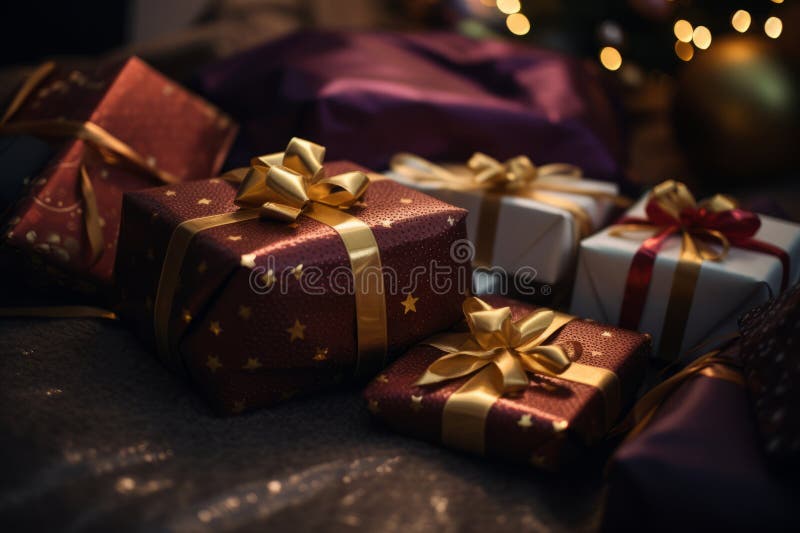 Gifts Wrapped in Red and Gold Wrapping Paper on a Table Stock ...