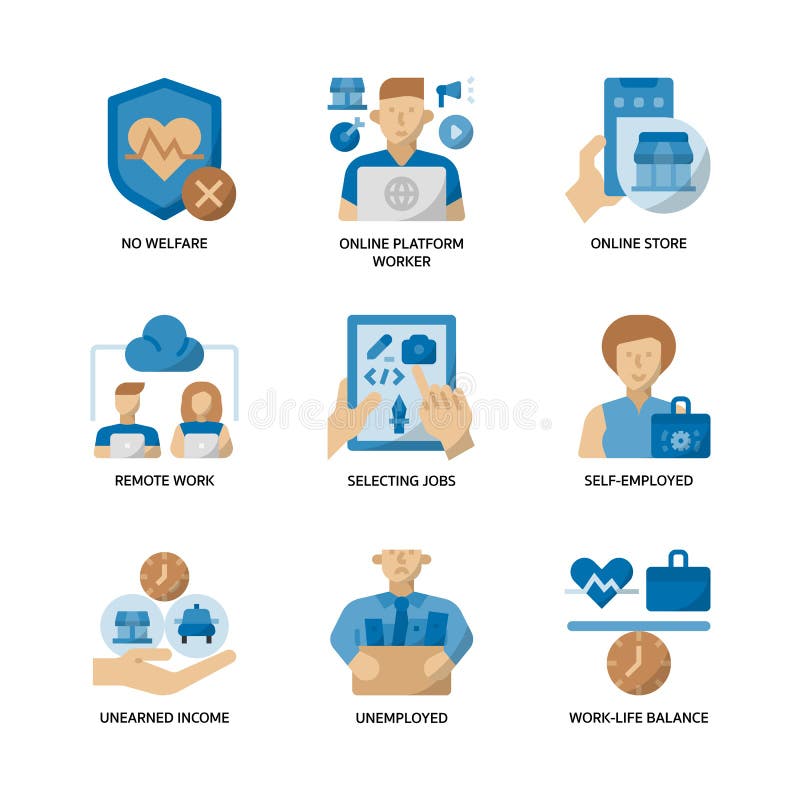 Gig economy icons set stock vector. Illustration of welfare - 205782661