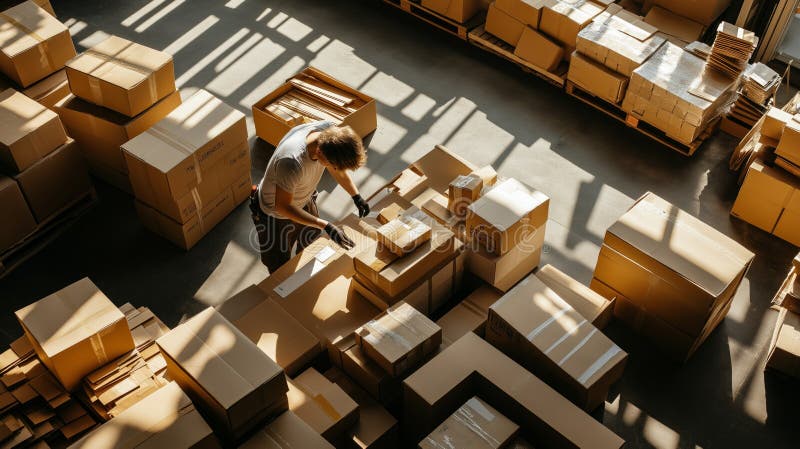 Gig Worker Assembling Packages for Delivery in a Busy Warehouse Filled ...