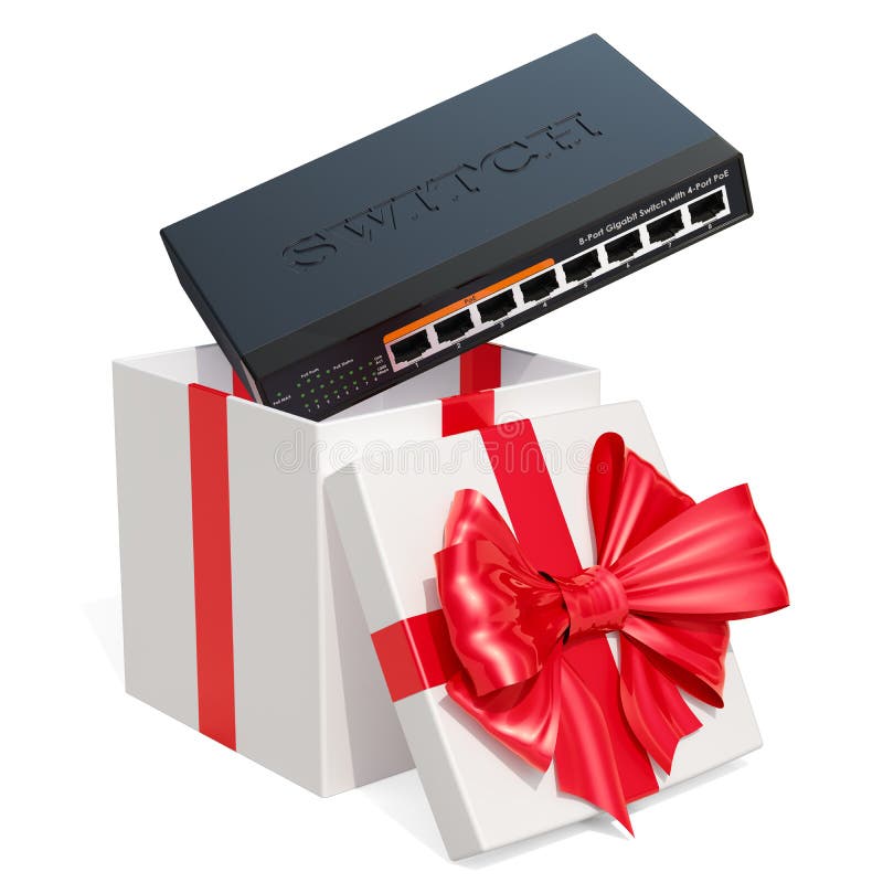 Gigabit Ethernet Switch Inside Gift Box, Gift Concept. 3D Render Stock ...