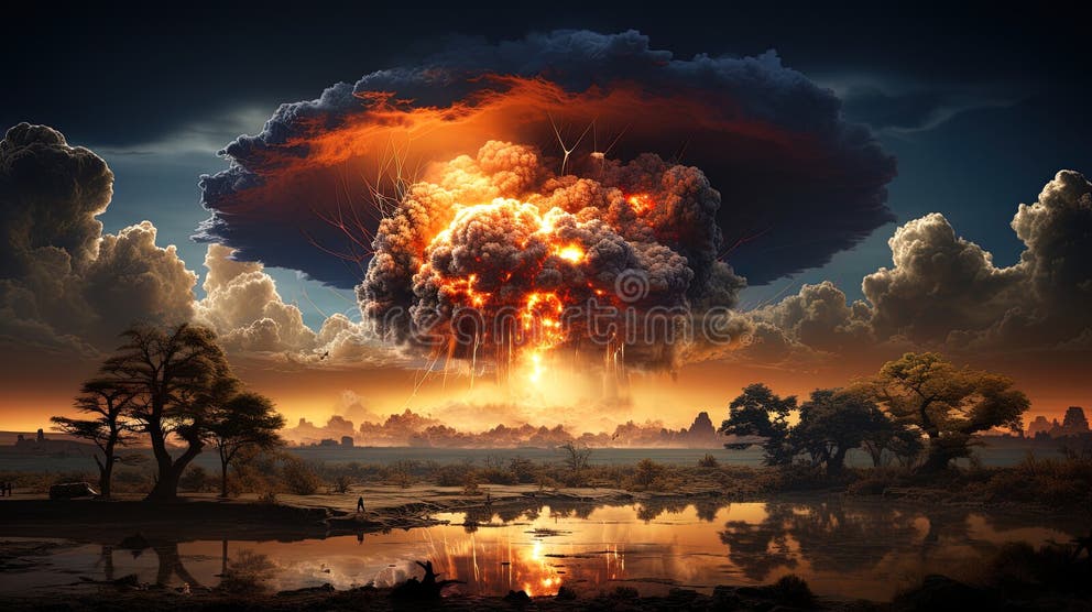 Gigantic Apocalyptic Explosion on a Large Plain with a Large River ...