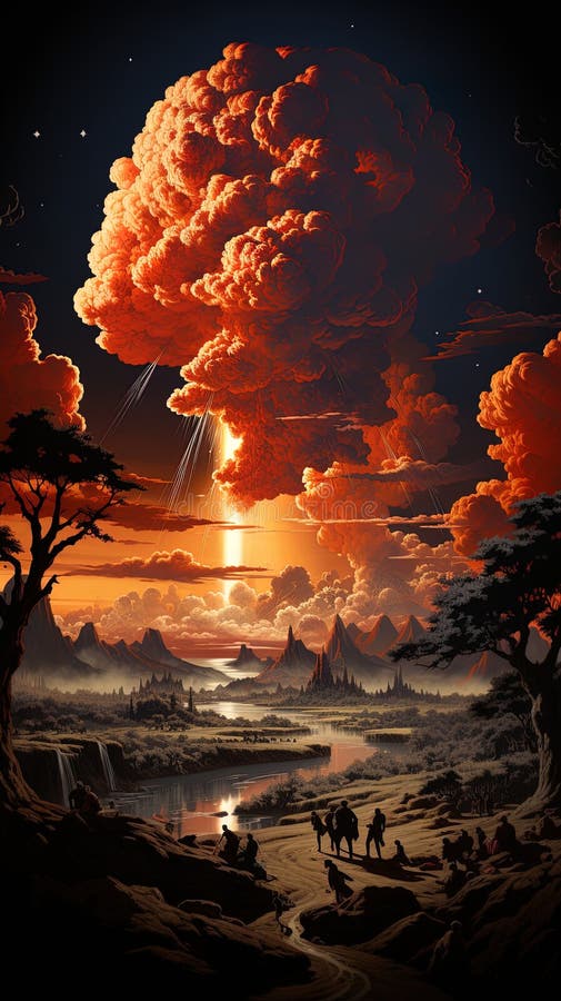 Gigantic Apocalyptic Explosion on a Large Plain with a Large River ...