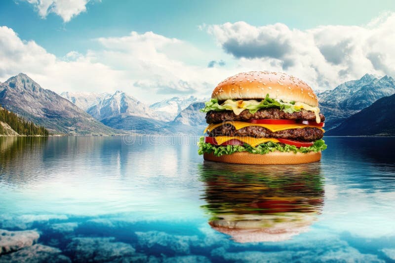 Gigantic Burger Floating on Serene Lake with Majestic Mountain Backdrop ...