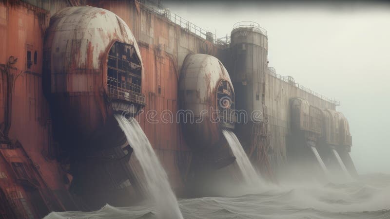 Gigantic Decayed Offshore Platform in a Raging Ocean, Expelling ...