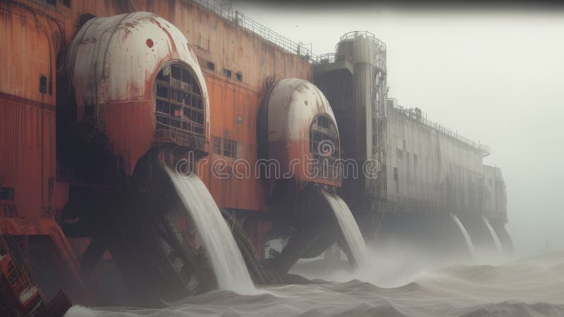 Gigantic Decayed Offshore Platform in a Raging Ocean, Expelling ...