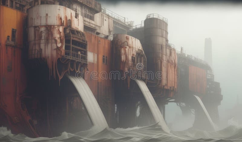 Gigantic Decayed Offshore Platform in a Raging Ocean, Expelling ...
