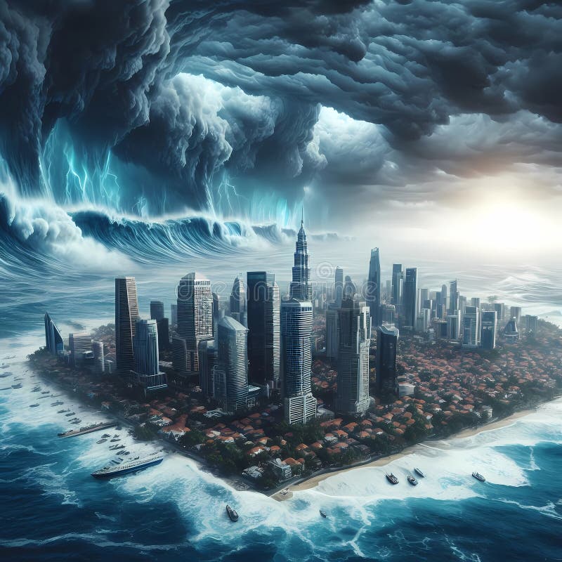 A Gigantic Devastating Tsunami Hits a Large Metropolis Stock ...