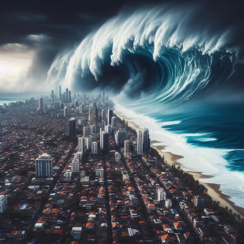 A Gigantic Devastating Tsunami Hits a Large Metropolis Stock ...