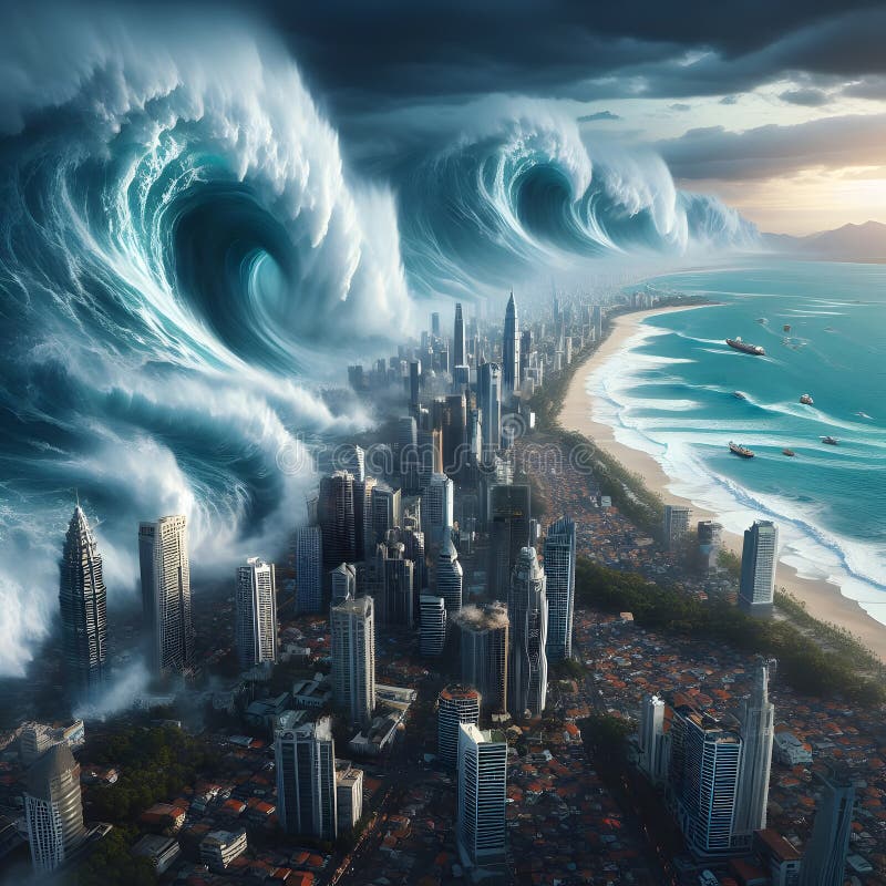 A Gigantic Devastating Tsunami Hits a Large Metropolis Stock ...