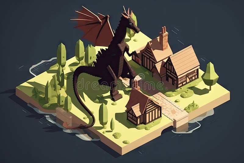 Gigantic Dragon, Casting Its Shadow Over Peaceful Village, in Isometric ...