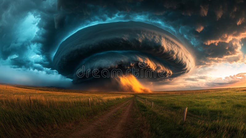 Gigantic Fiery Funnel Forms in the Sky Over a Rural Path Stock ...