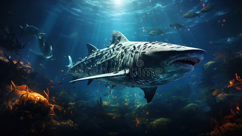 A Gigantic Great White Shark in Crystal Clear Water with Caustic ...