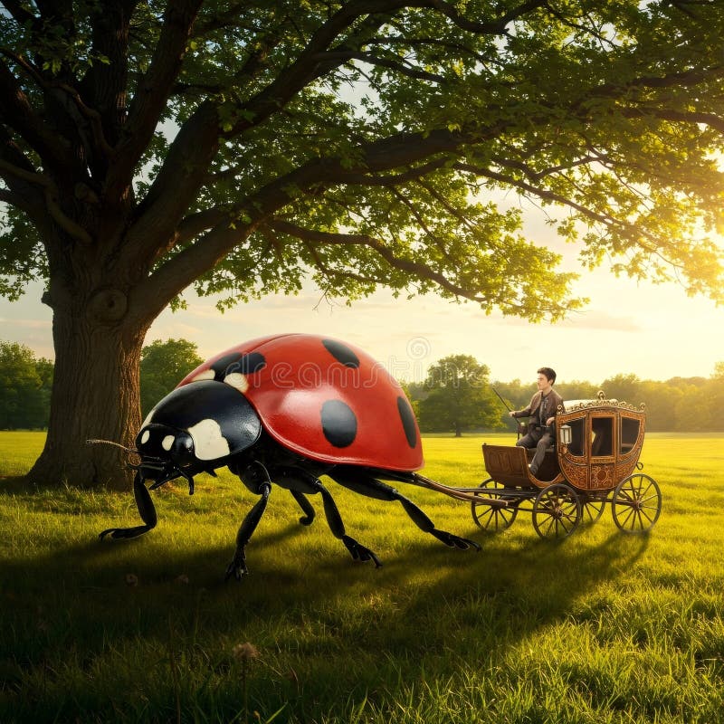 Giant Ladybug Pulling Carriage with Coachman in Surreal Landscape Stock ...
