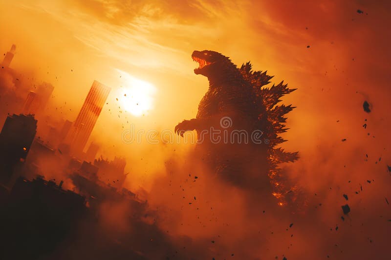 Gigantic Monster Godzilla Roaring Over Cityscape at Sunset with ...