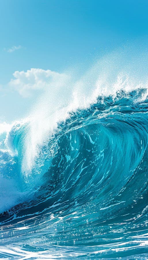 Gigantic Ocean Wave Rising Dramatically Under a Clear Blue Sky Horizon ...