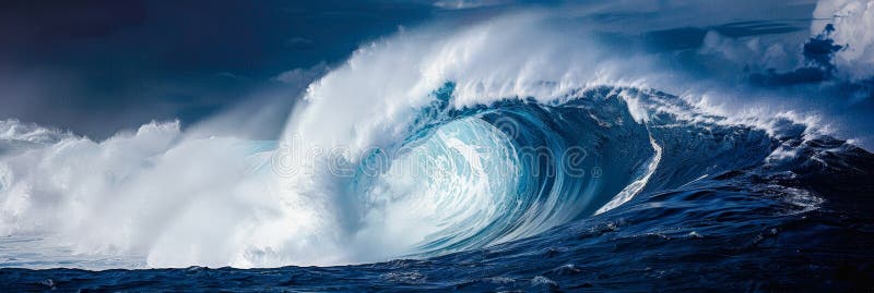 Gigantic Ocean Wave Rising Dramatically Under a Serene Blue Sky in a ...