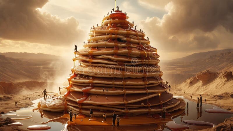 Gigantic Pancake Stack with Tiny People in Desert Landscape Stock Image ...