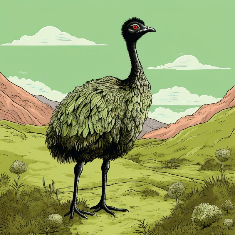 Gigantic Scale Himalayan Art Illustration of Emu Standing on Moss Stock ...