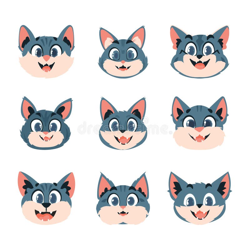 Gigantic Set of Intelligent Faces of Cats. Cartoon Style, Vector ...