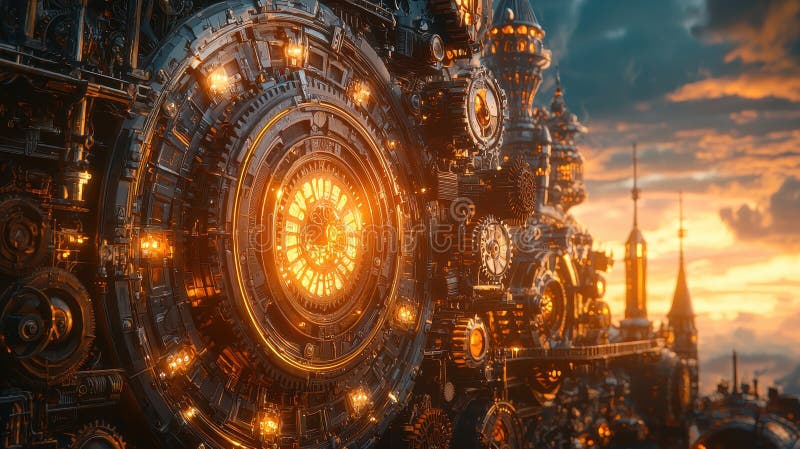 Gigantic Steampunk Mechanism with Glowing Clockwork at Sunset Stock ...