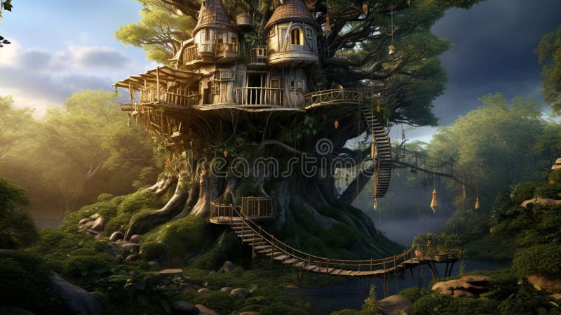 Gigantic Tree with House Inside. Fantasy Tree House Stock Illustration ...