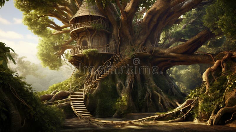 Gigantic Tree with House Inside. Fantasy Tree House Stock Illustration ...
