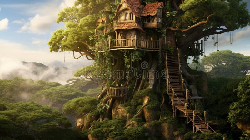 Gigantic Tree with House Inside. Fantasy Tree House Stock Illustration ...