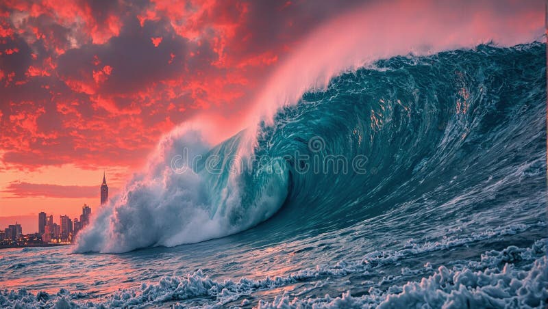 Gigantic Tsunami Looming Over City Skyline Red Sky Reflected on Glassy ...