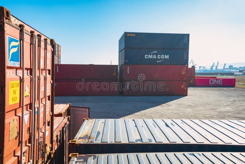 Container Ship Loading and Unloading in Seaport, Gijon, Spain Editorial ...