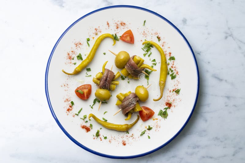 Gilda. Basque Tapas Pincho with Chilli, Anchovy and Olive. Top View ...