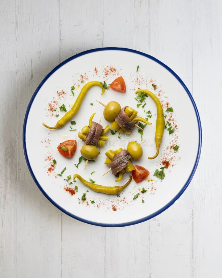 Gilda. Basque Tapas Pincho with Chilli, Anchovy and Olive. Top View ...