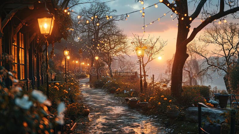 Gilded Gardens at Dusk in the Style of Linear and Airy Ominous ...