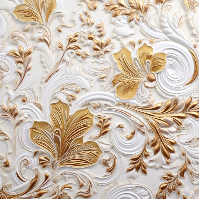Gilded Gold Leaves and Floral Patterns on White Background Stock ...
