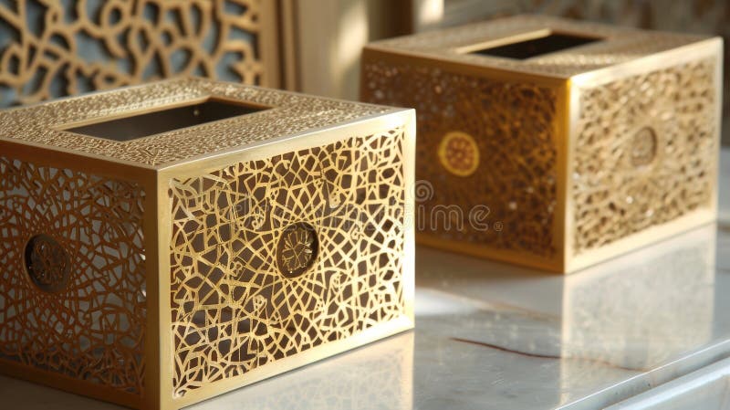 Gilded Islamic Tissue Box Covers with Intricate Detailing Stock ...