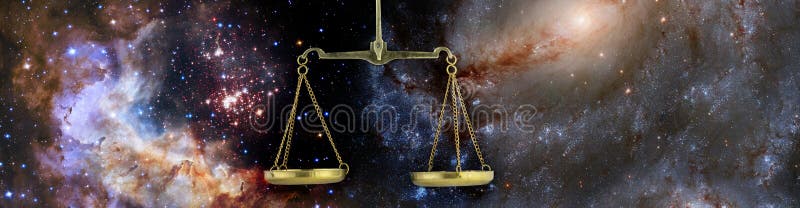 Gilded Pan Balance Against the Background of a Starry Cosmic Landscape ...