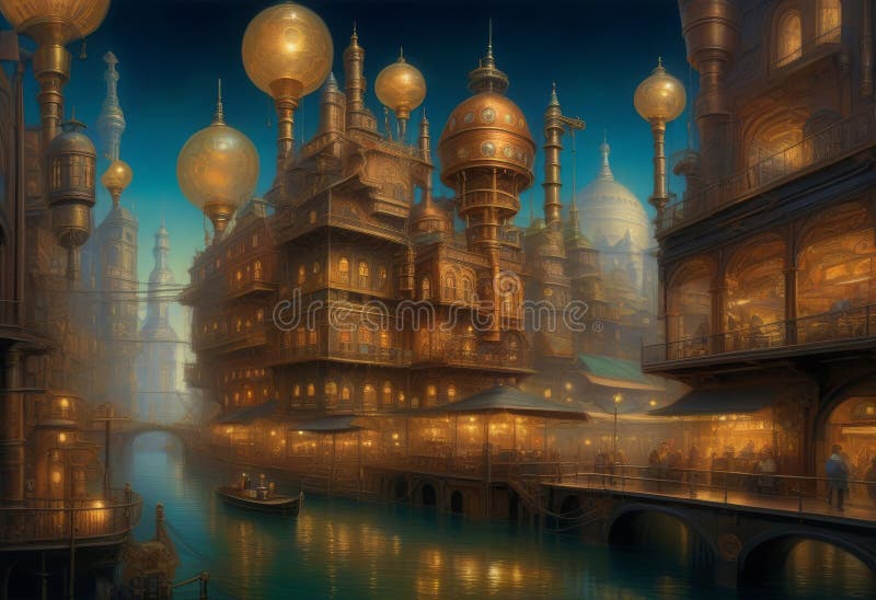 A Gilded Utopia Soars in Steampunk Splendor Stock Illustration ...