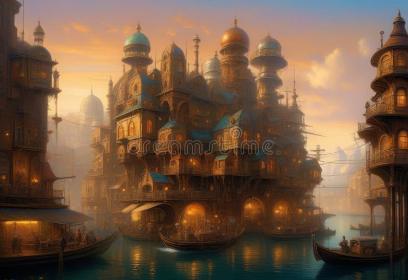 A Gilded Utopia Soars in Steampunk Splendor Stock Illustration ...