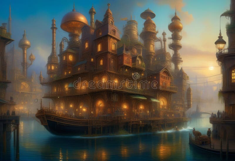 A Gilded Utopia Soars in Steampunk Splendor Stock Illustration ...