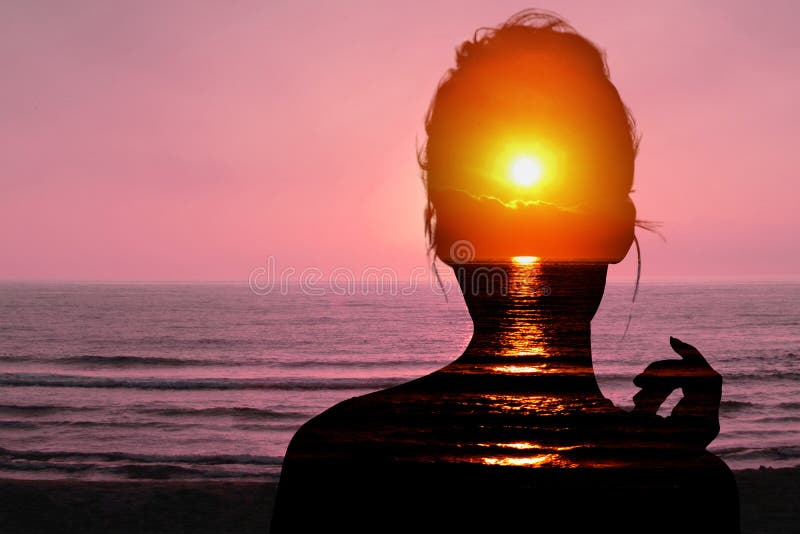 Gill with Sunset Her Head. Mental Health Mindfulness Concept Stock ...