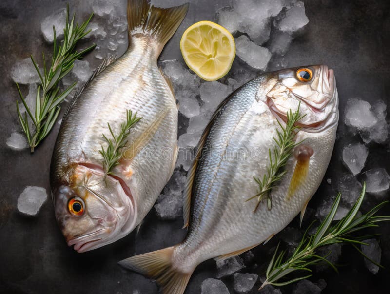 Gilt-head Bream (dorade) and Rosemary on Ice Top View. Stock ...