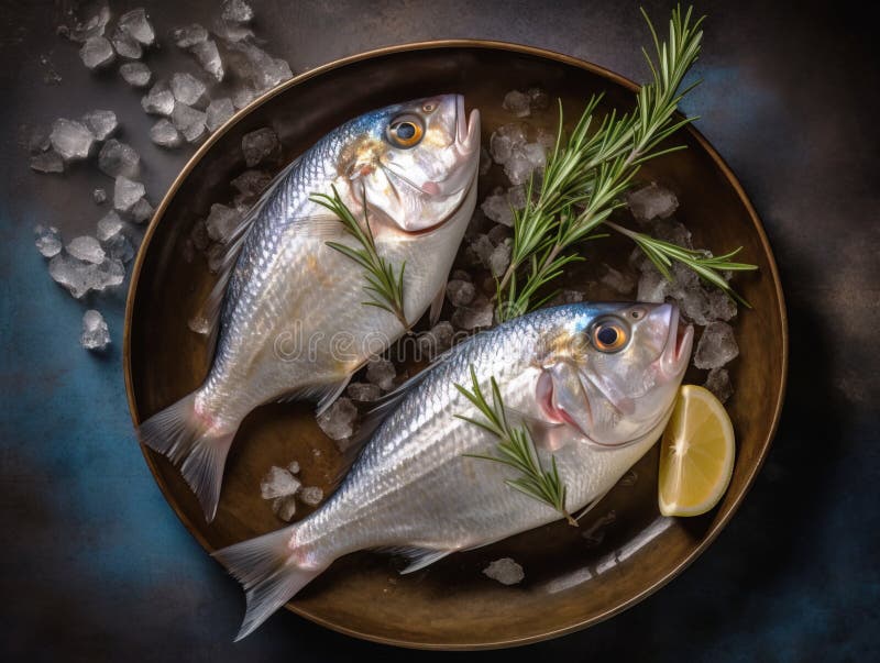 Gilt-head Bream (dorade) and Rosemary on Ice Top View. Stock ...