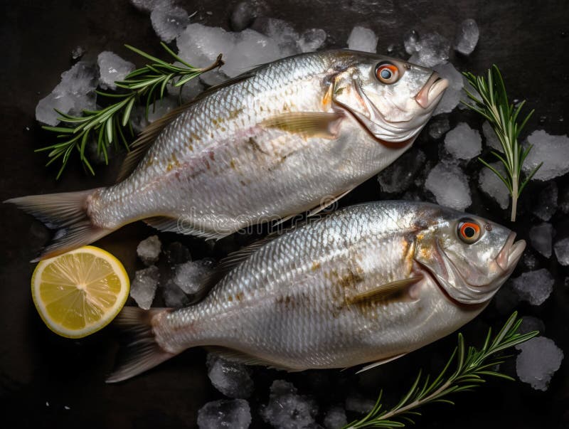 Gilt-head Bream (dorade) and Rosemary on Ice Top View. Stock ...