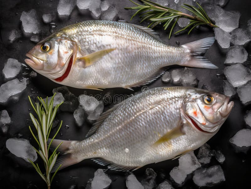 Gilt-head Bream (dorade) and Rosemary on Ice Top View. Stock ...
