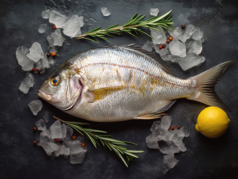 Gilt-head Bream (dorade) and Rosemary on Ice Top View. Stock ...