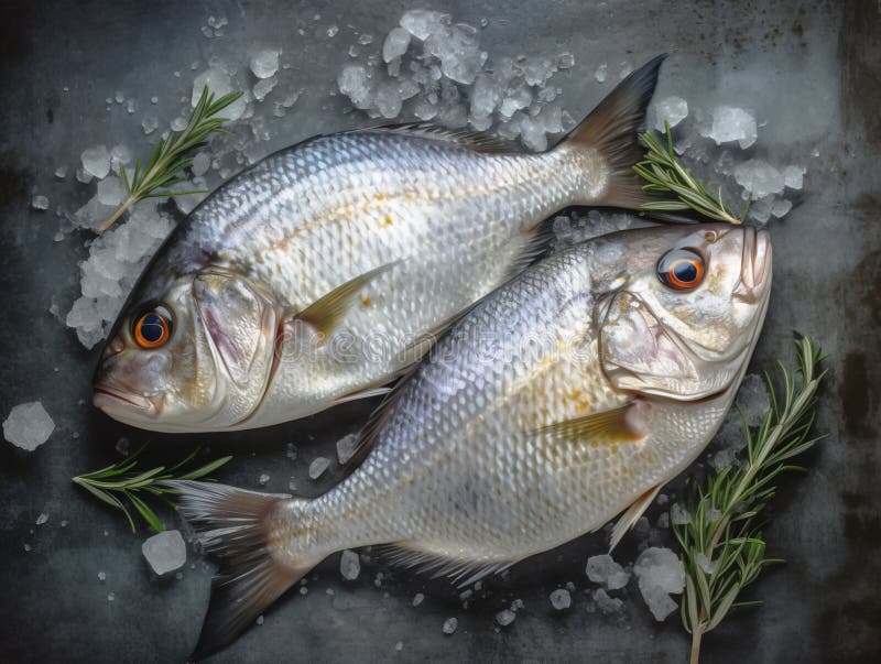 Gilt-head Bream (dorade) and Rosemary on Ice Top View. Stock Photo ...