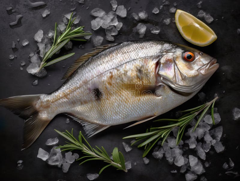 Gilt-head Bream (dorade) and Rosemary on Ice Top View. Stock Image ...