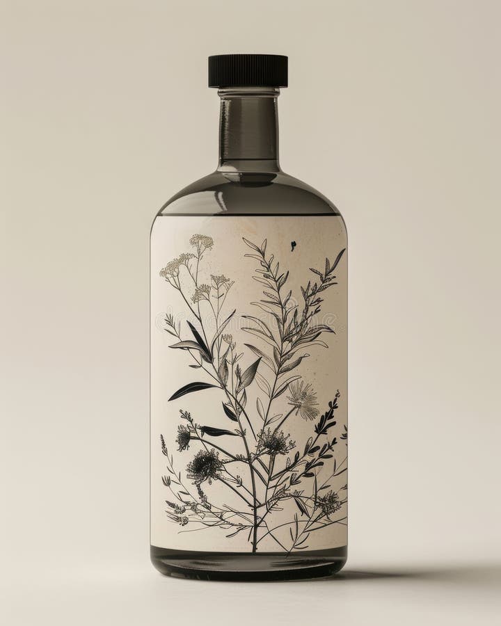 Gin Bottle Standing on Table with Cork Top and Floral Label Design ...