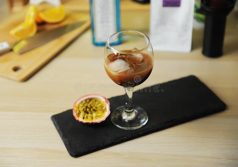 Gin Coffee Cocktail with Ice in Glass on Slate Board Stock Photo ...